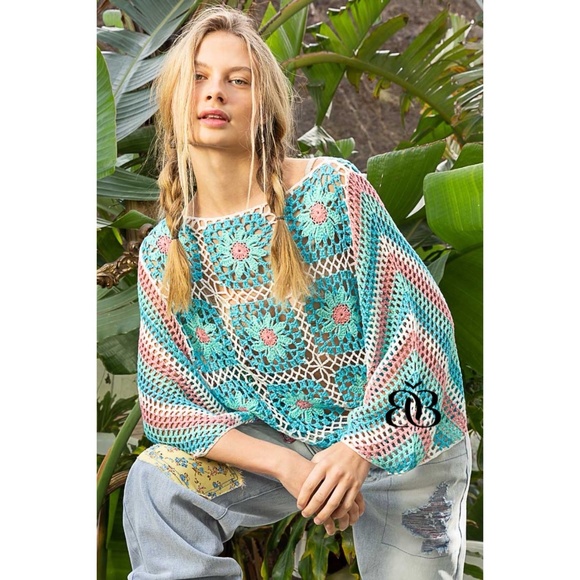 POL | Sweaters | Pol Floral Granny Square Striped Dolman Sleeve Hand ...
